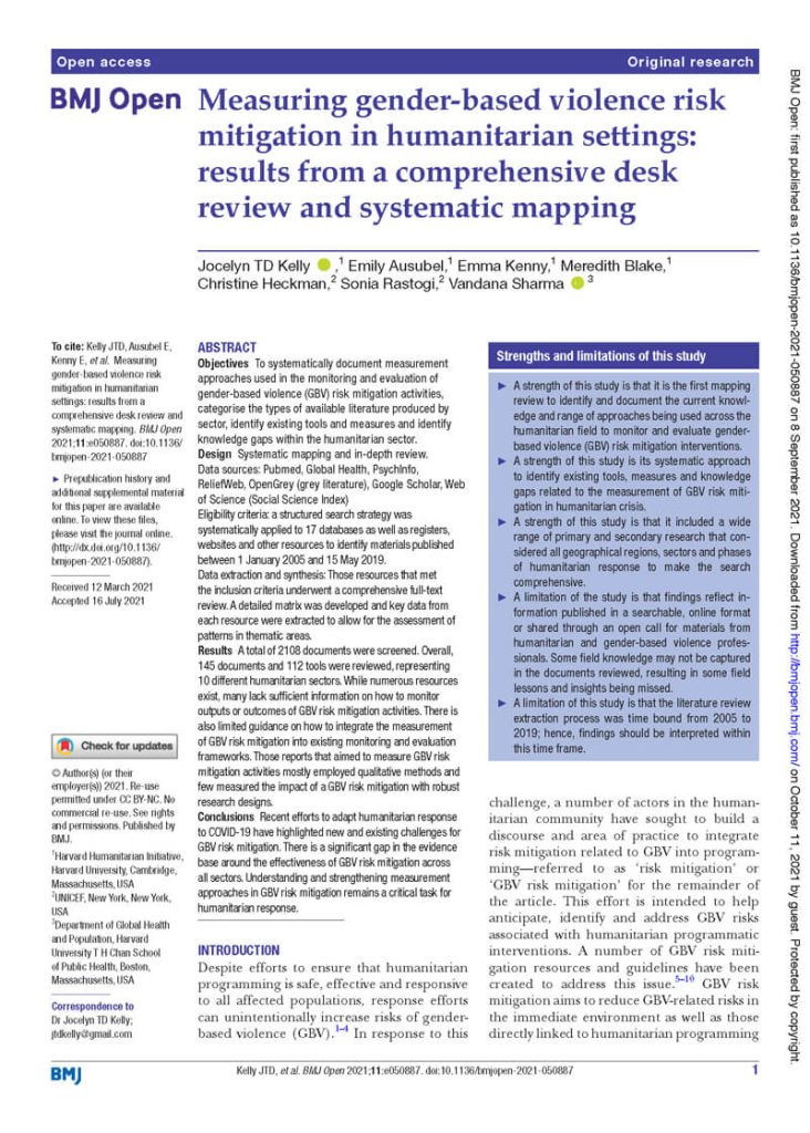 Measuring gender-based violence risk mitigation in humanitarian settings: Results from a ...